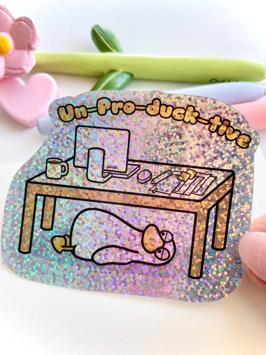 "UN-PRO-DUCK-TIVE" FLAT DUCK - HOLOGRAPHIC GLITTER VINYL STICKER