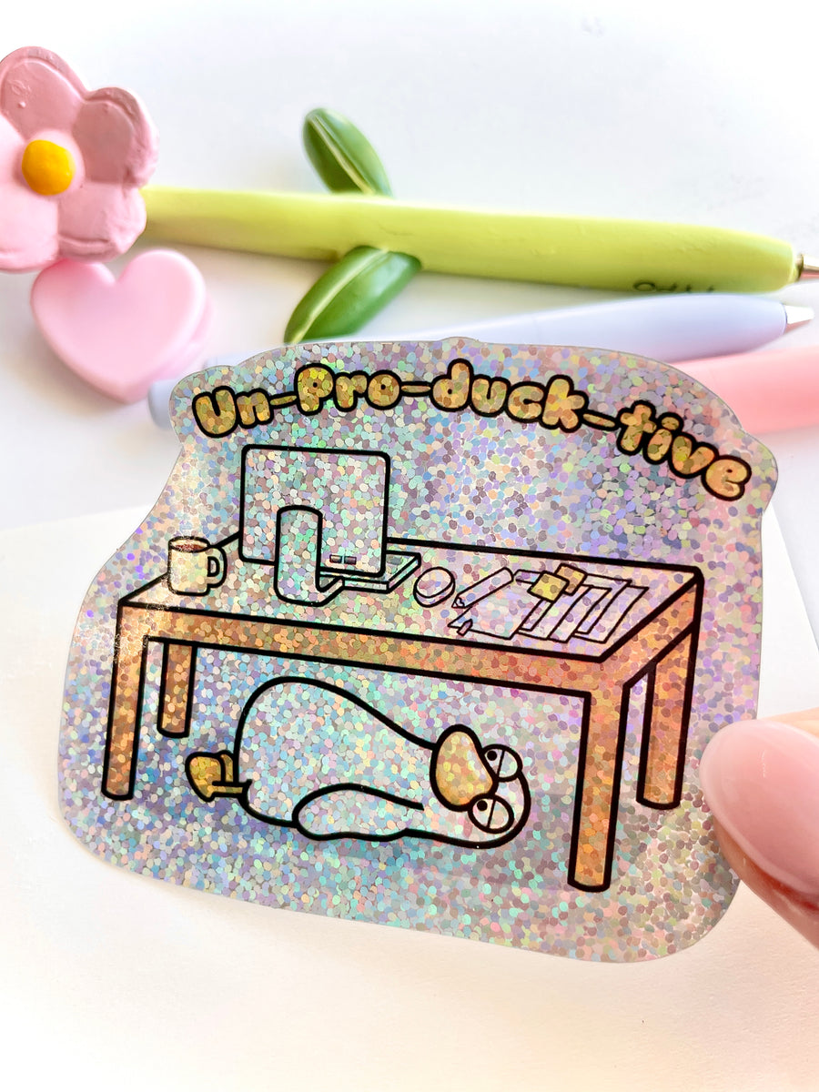 "UN-PRO-DUCK-TIVE" FLAT DUCK - HOLOGRAPHIC GLITTER VINYL STICKER